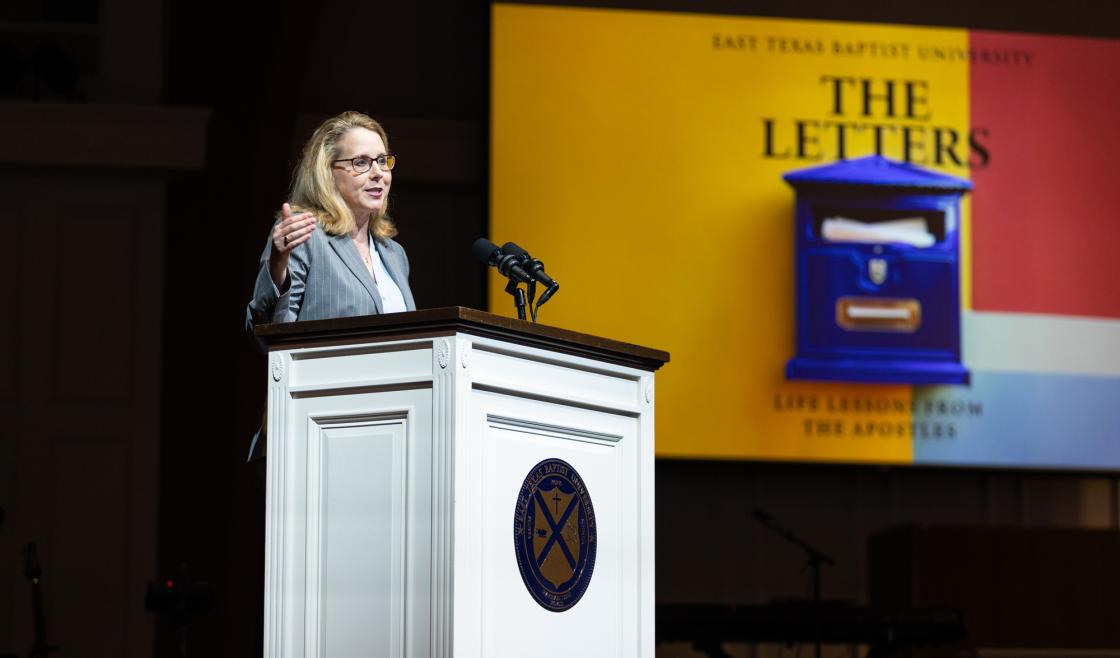 UT Tyler President Dr. Julie Philley offers encouragement during ETBU ...